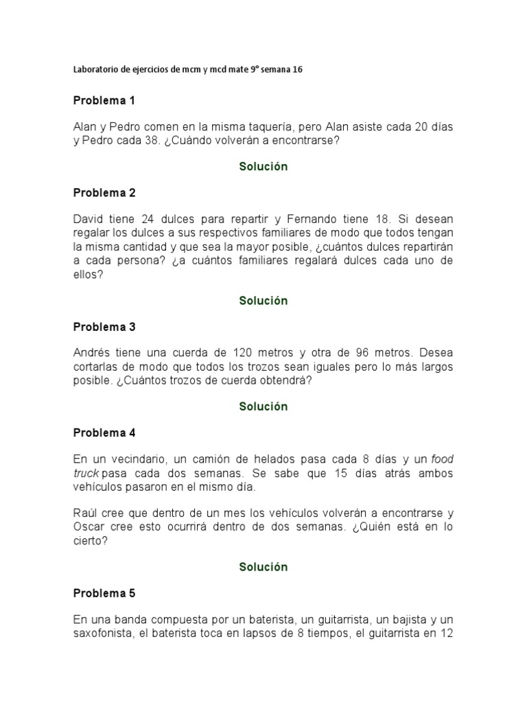 Laboratorio de Ejercicios de MCM y MCD Mate 9 Semana 16 | PDF