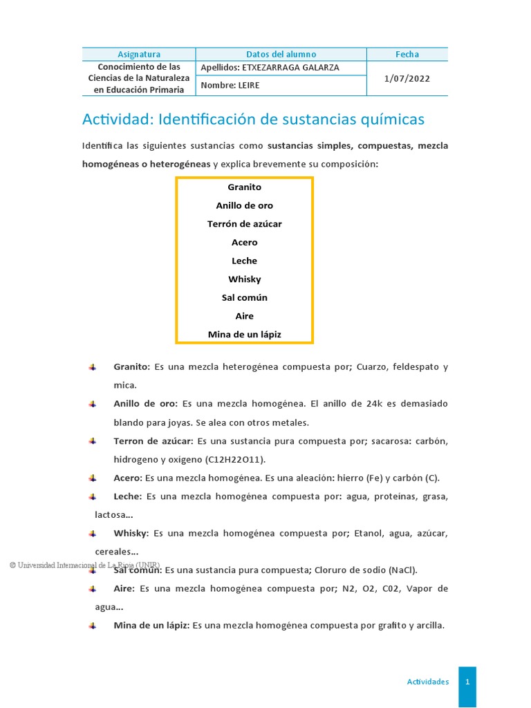 Identificacion de Sustancias Quimicas Leire Etxezarraga | PDF | Agua | Química