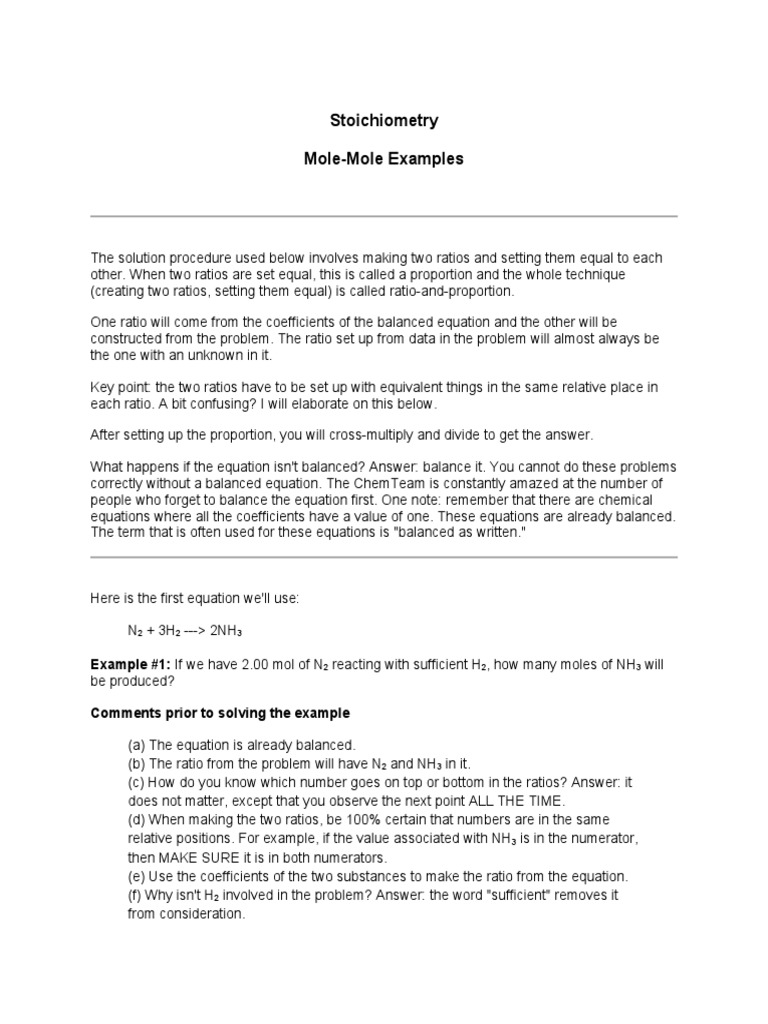 Stoichiometry - Mole To Mole | PDF | Mole (Unit) | Equations