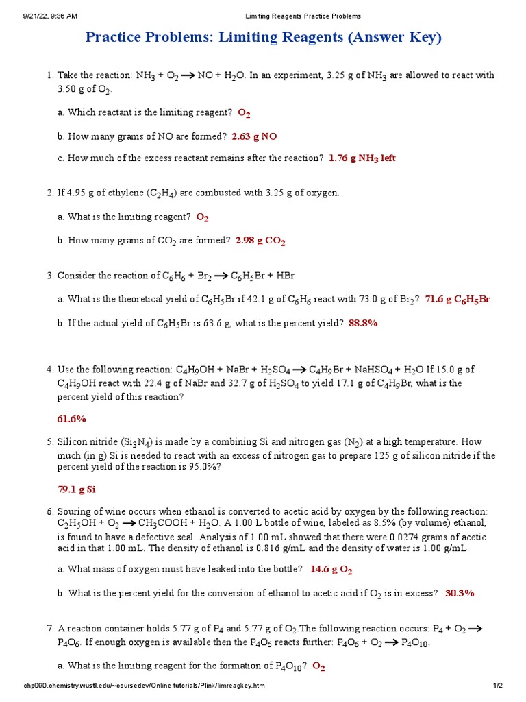 Limiting Reagents Practice Problems | PDF | Ethanol | Chemical Reactions