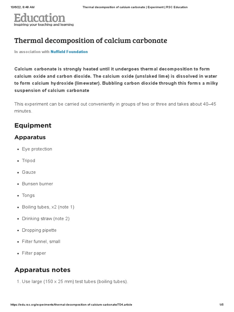 Thermal Decomposition of Calcium Carbonate - Experiment - RSC Education ...