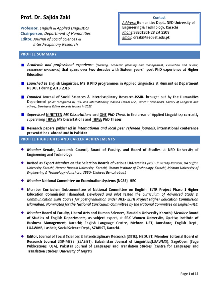 CV DR Sajida Zaki | PDF | English As A Second Or Foreign Language | Thesis
