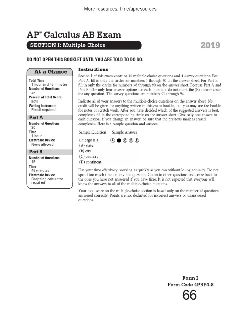 AP Calculus AB Exam: SECTION I: Multiple Choice | PDF | Function ...