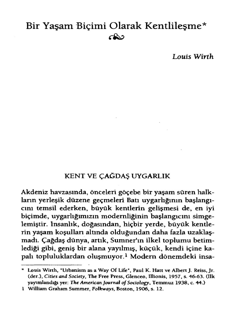 (Makale) Bir Yaşam Biçimi Olarak Kentlileşme, Louis Wirth, 1938 | PDF
