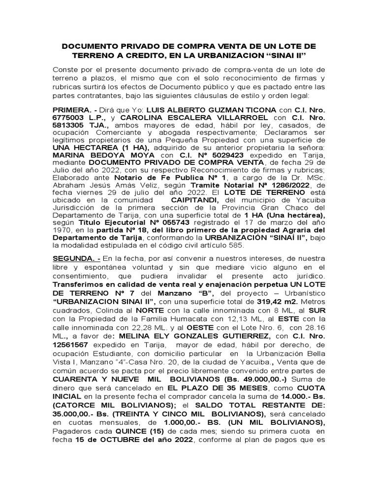 Documento Privado de Compra Venta de Un Lote de Terreno A Credito, en La Urbanizacion "Sinai Ii ...
