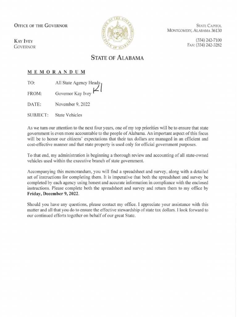 Gov. Kay Ivey State Vehicle Memorandum | PDF
