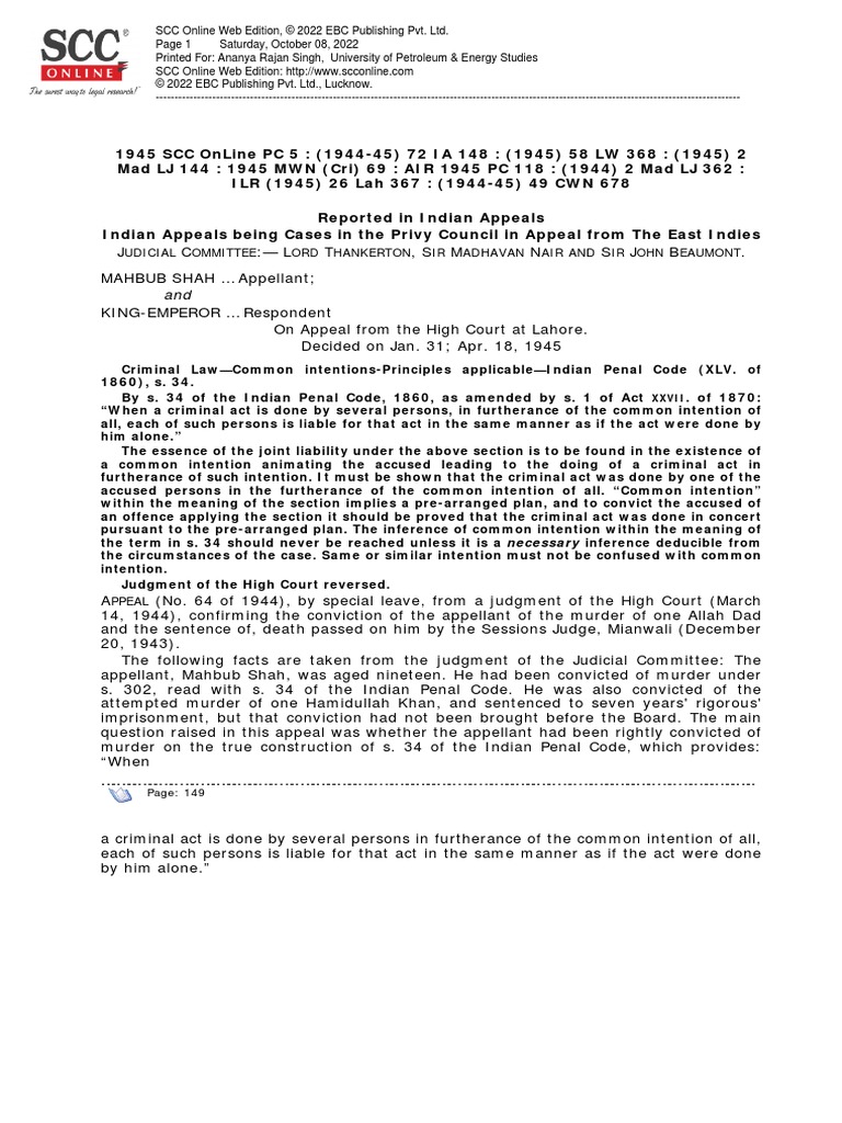 Mehbub Shah v. King Emperor | PDF | Judgment (Law) | Crimes