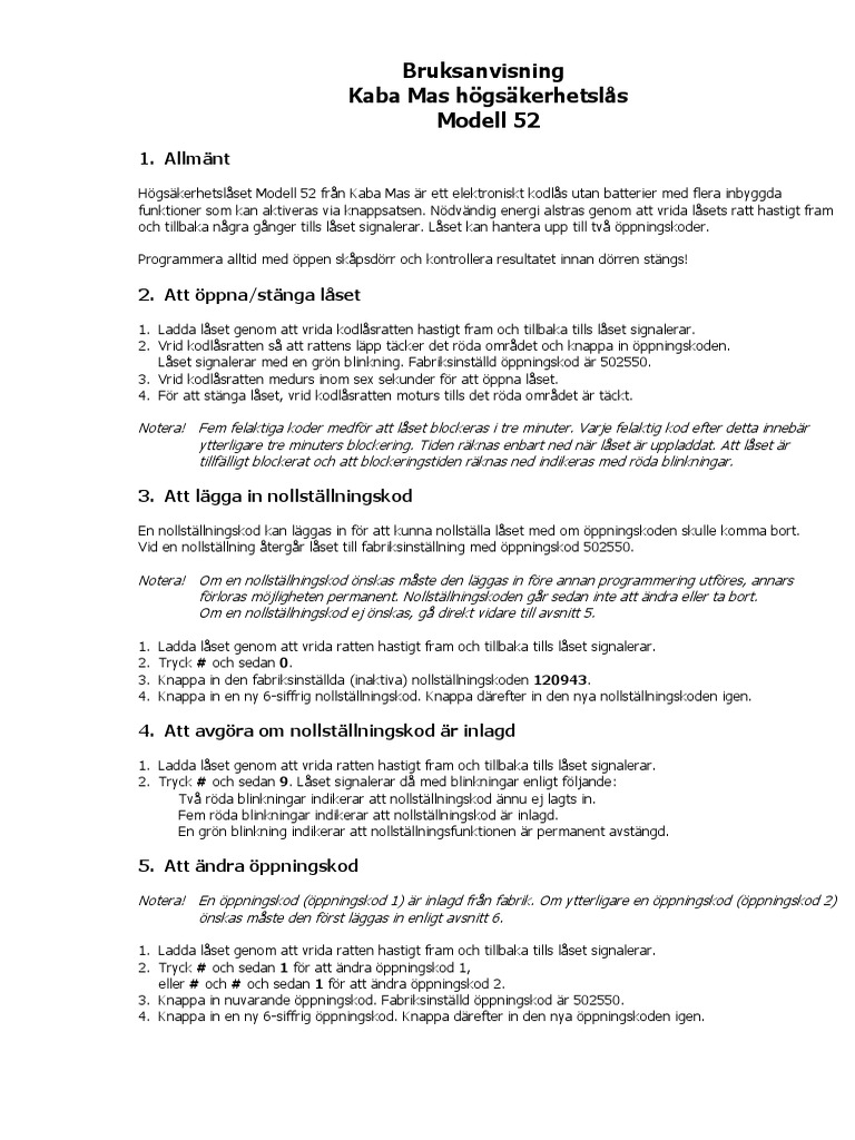 Kaba Mas 52 Manual | PDF