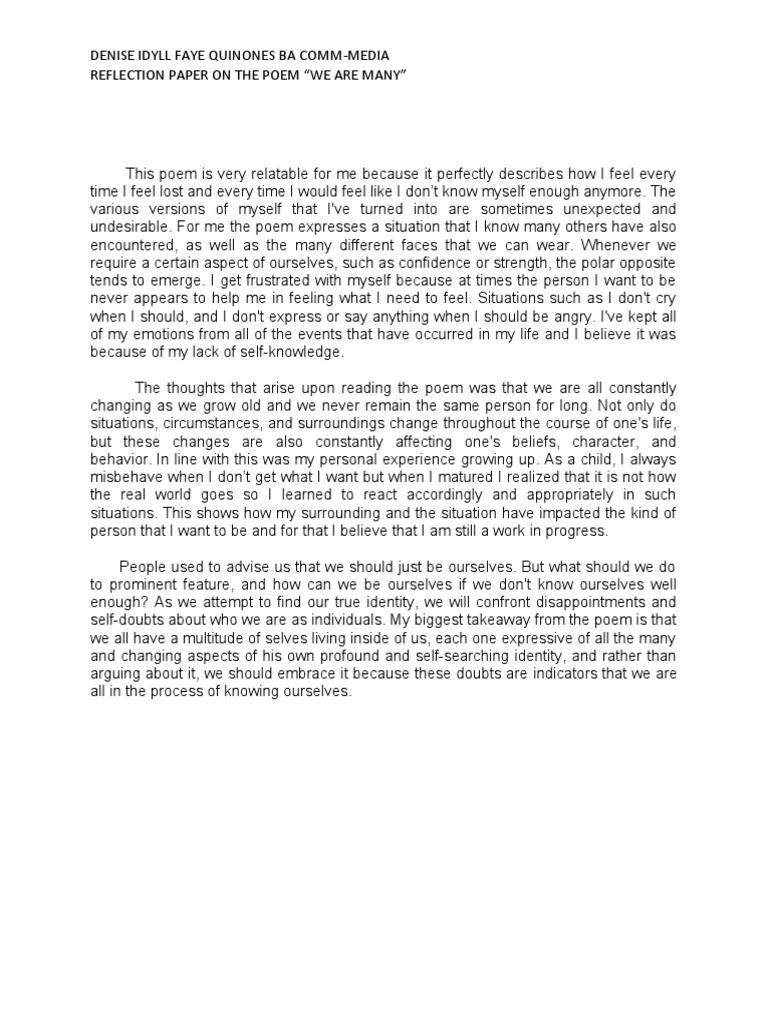 Reflection Paper On The Poem "We Are Many" | PDF | Self-Improvement ...