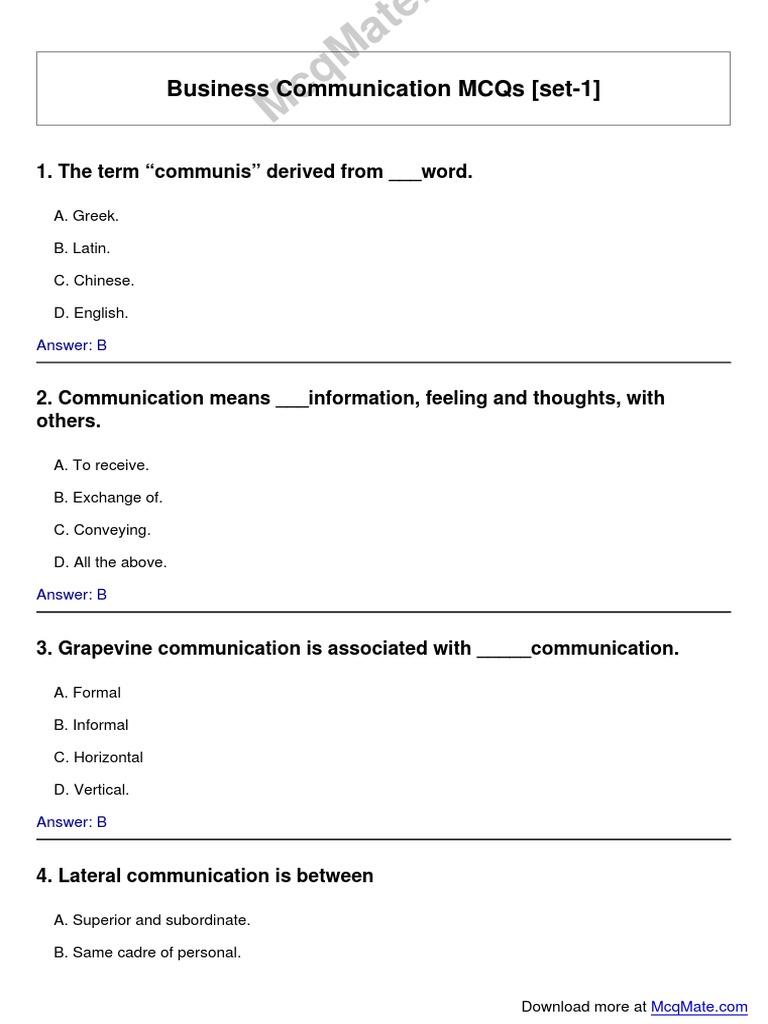 Business-Communication Solved MCQs (Set-1) | PDF | Communication | Psychological Concepts
