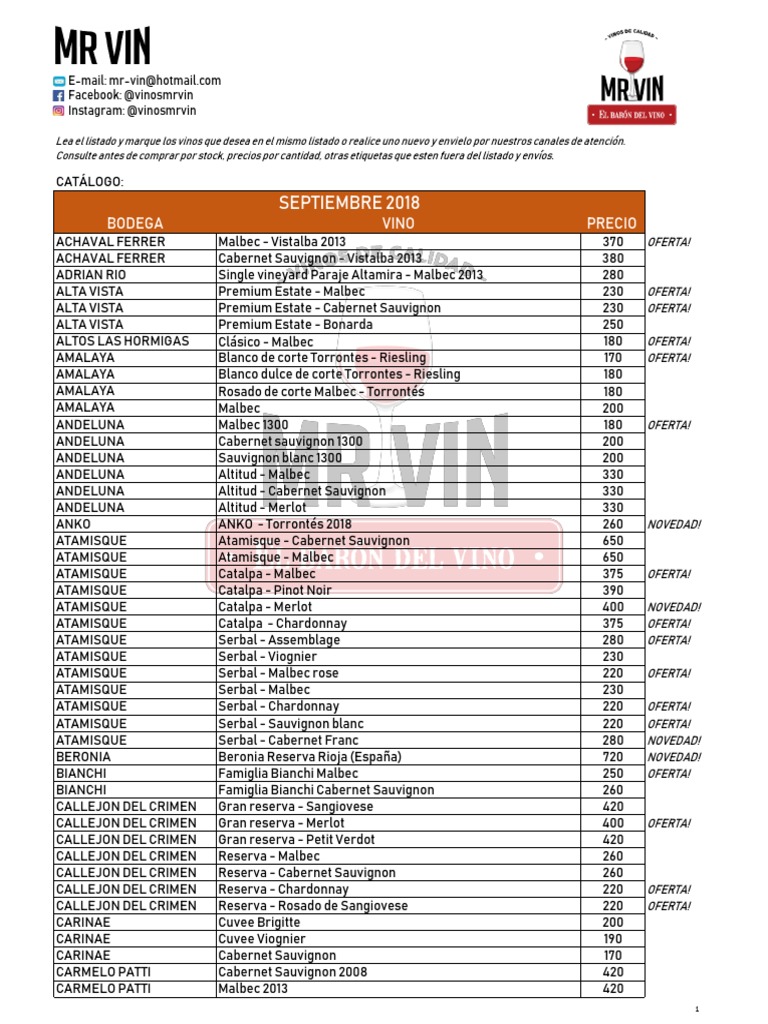 Lista de Precios MR Vin 9-2018-1 | PDF | Variedades De Uva De Vino | Uva