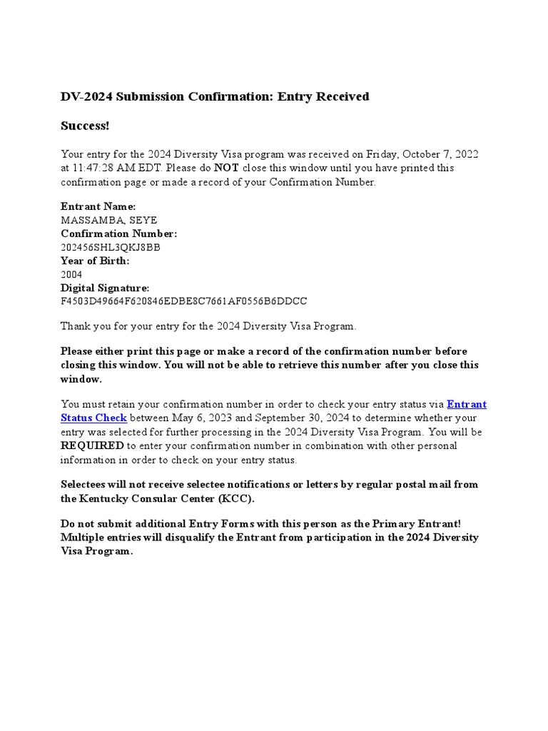 DV-2024 Diversity Visa Confirmation | PDF