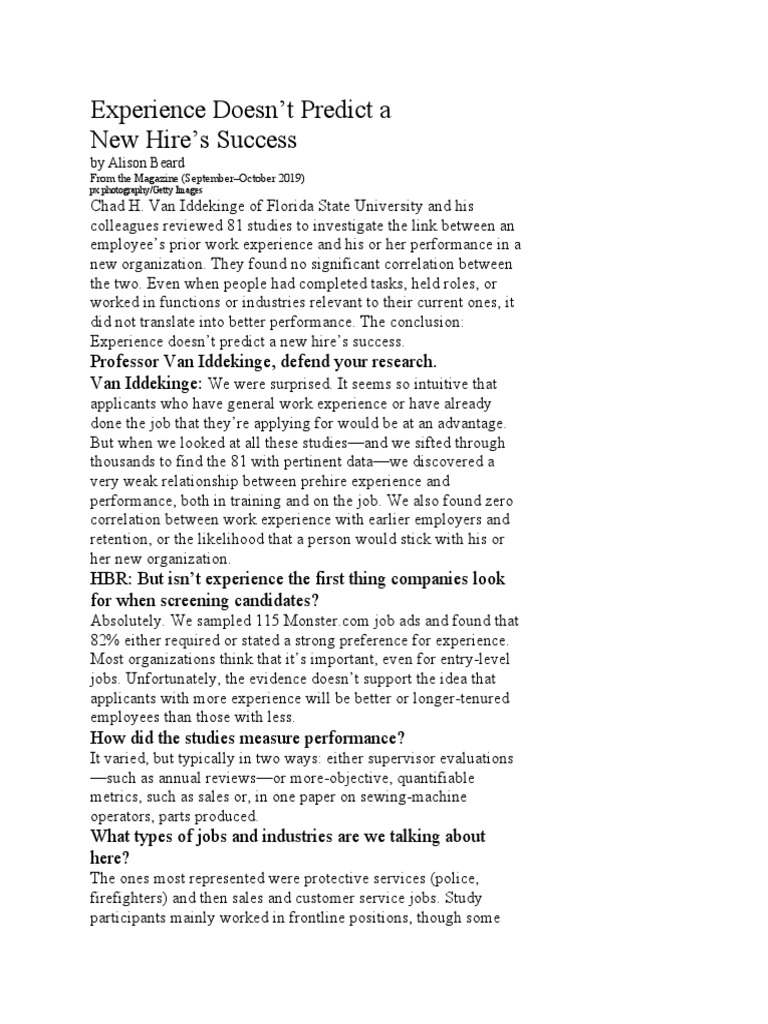 Experience Doesn't Predict A New Hire's Success: by Alison Beard | PDF ...
