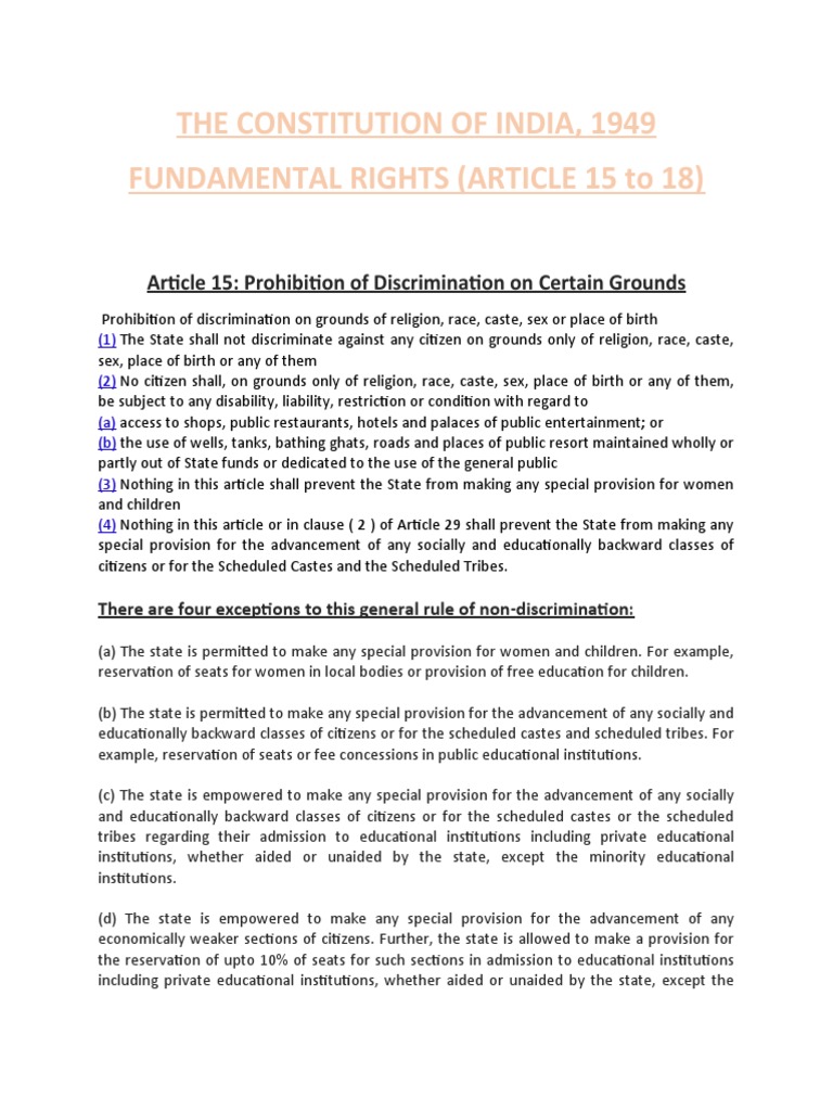 Article 15 To Article 18 (Indian Constitution) | PDF | Human Rights ...