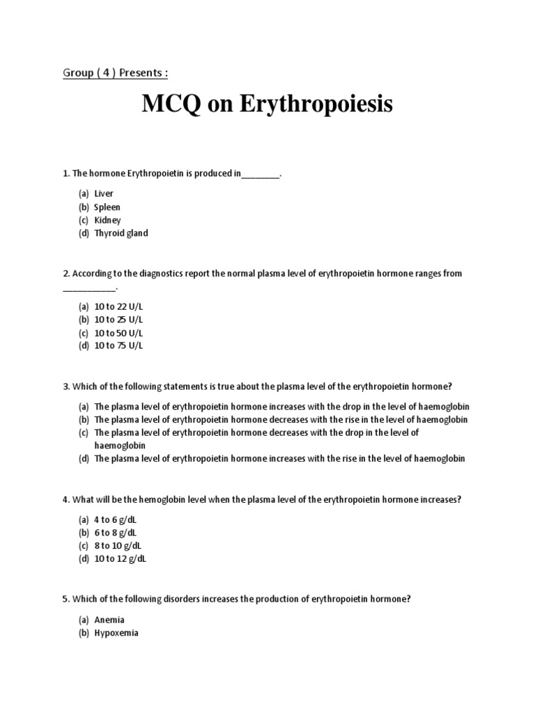 MCQ on Erythropoiesis: Multiple Choice Questions about the Production of Red Blood Cells | PDF ...