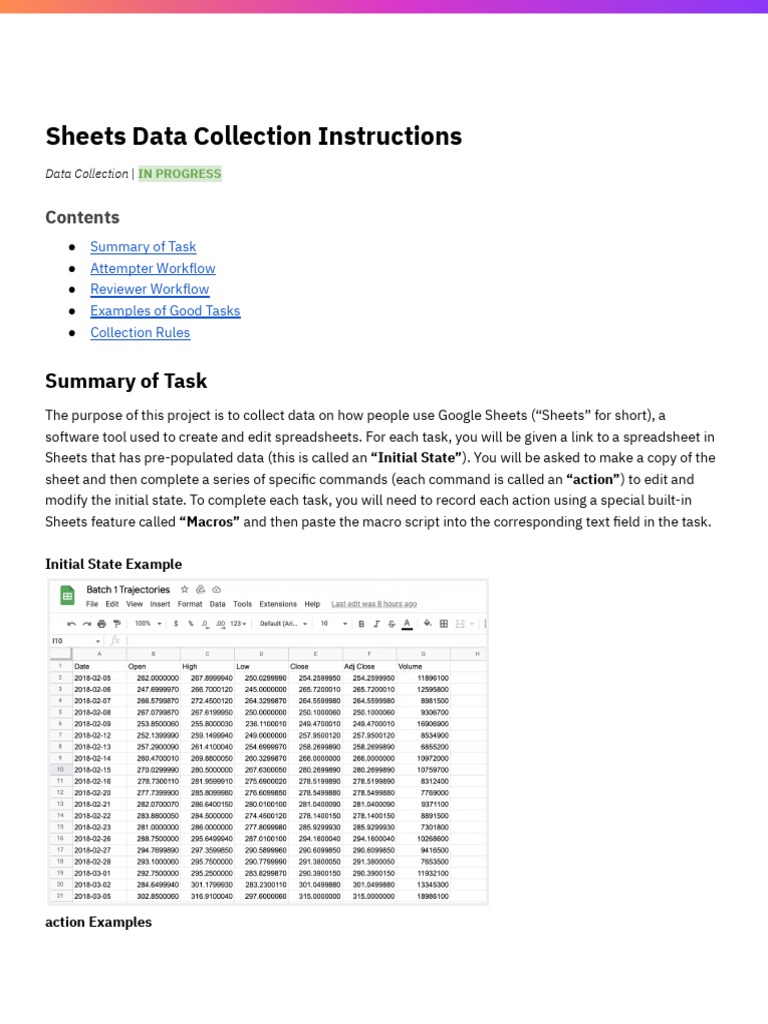 Sheets Data Collection Instructions Pdf Spreadsheet Computing