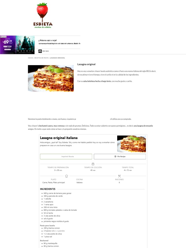Lasagna Original - Recetas de Esbieta | PDF | Lasaña | Alimentos Lasagna Original - Recetas de Esbieta | PDF | Lasaña | Alimentos
