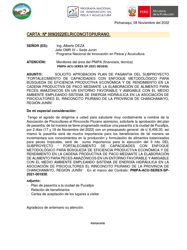 Plan de Pasantia Pucallpa - 2022 Pnipa | PDF | Agricultura | Acuicultura