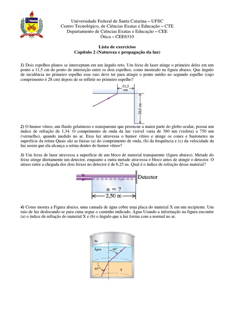 Lista de exercícios sobre propagação e refração da luz em meios ...