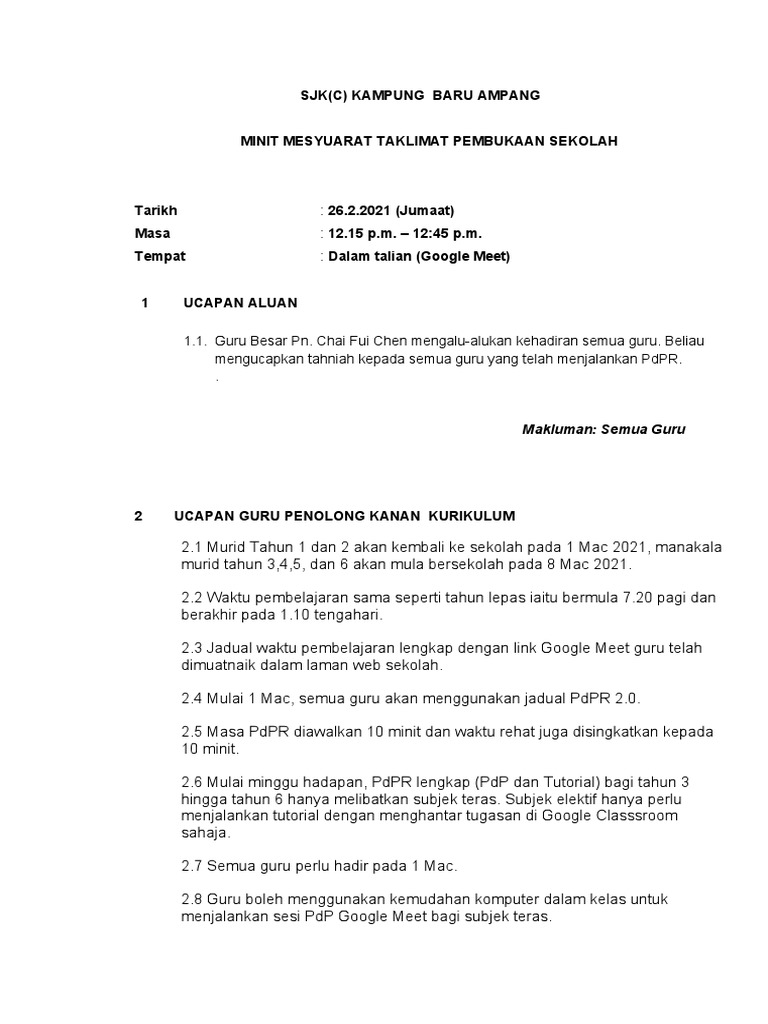 Minit Mesyuarat Taklimat Pembukaan Sekolah 2021 | PDF