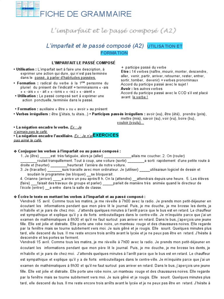 Imparfait et Passé Composé : Guide A2 | PDF | Syntaxe | Mécanique du ...