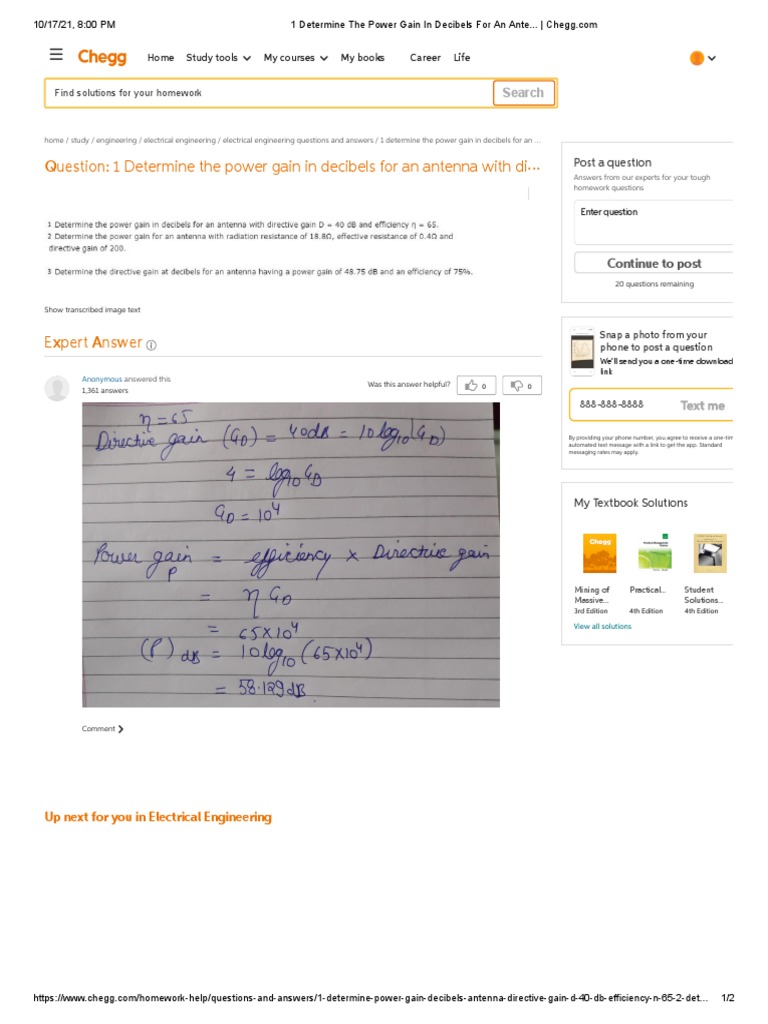 1 Determine The Power Gain in Decibels For An Ante Chegg Com | PDF