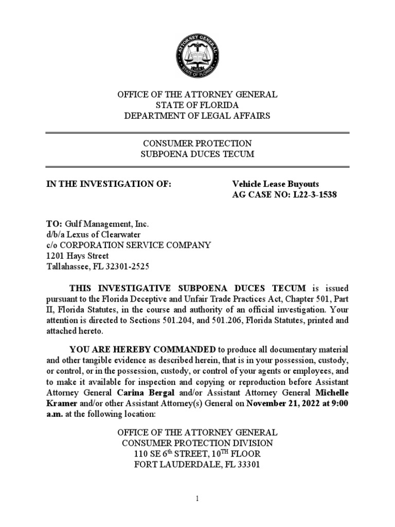 Florida Subpoena Duces Tecum Guide | PDF | Lease | Computer File