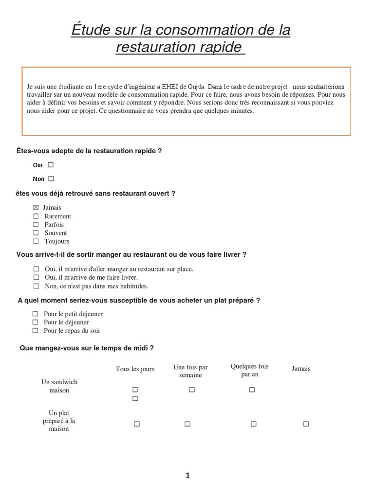 Questionnaire sur la restauration rapide | PDF | Distributeur ...