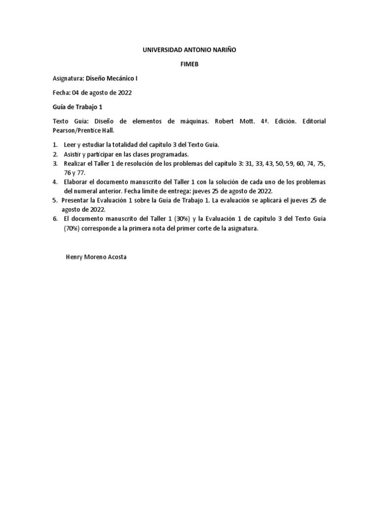 Guía de Trabajo: Diseño Mecánico I | PDF