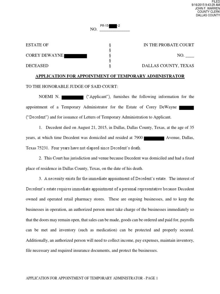 Application For Appointment of Temporary Administrator | PDF