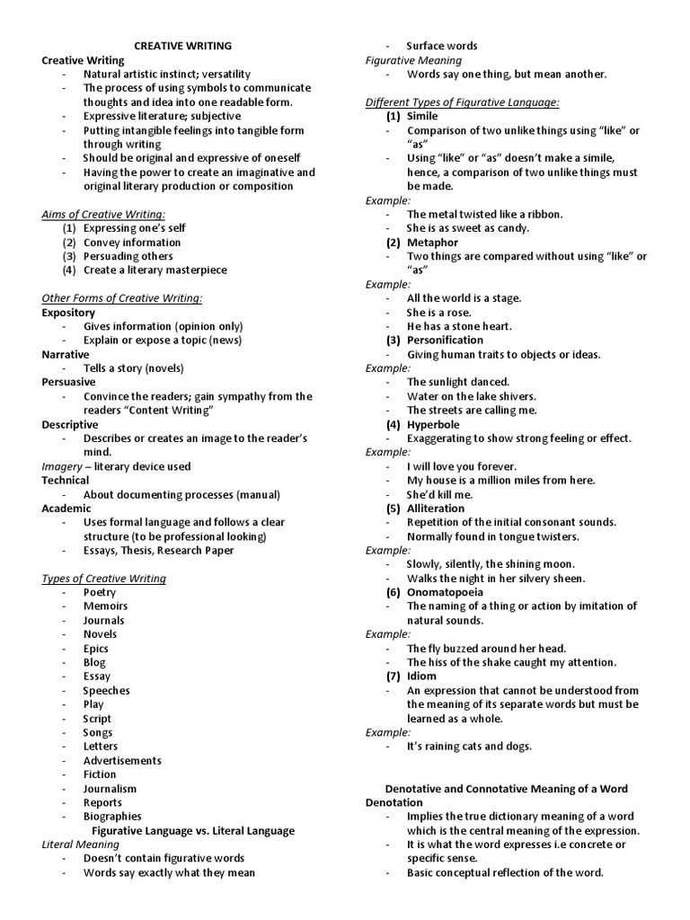 Creative Writing - Q1 - Reviewer | PDF | Taste | Mental Image