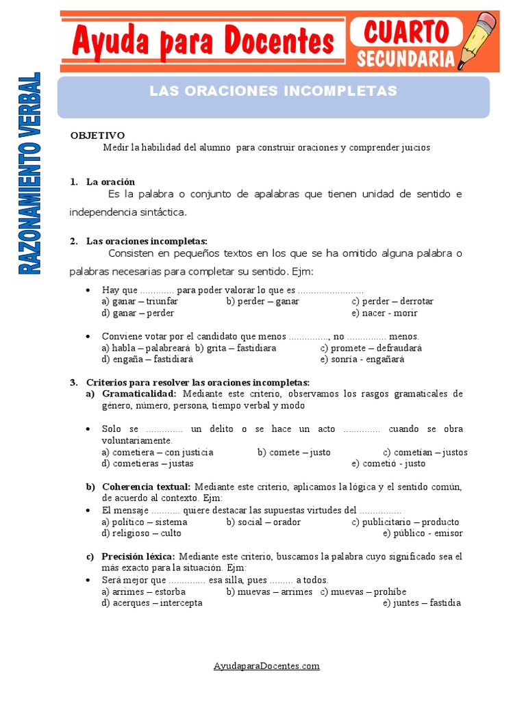 Las Oraciones Incompletas para Cuarto de Secundaria | PDF | Oración ...