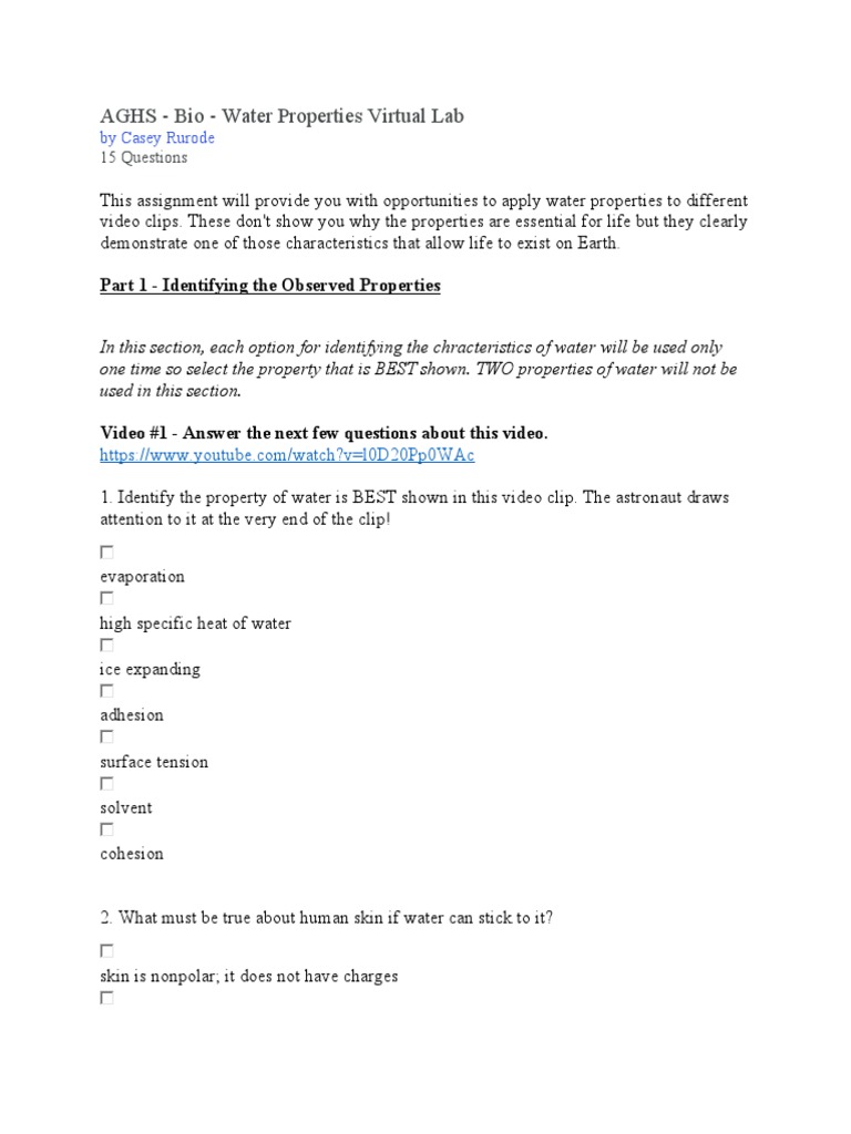 Water Properties: Student Lab Guide | PDF | Chemical Bond | Molecules