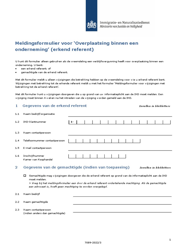Meldingsformulier Voor Overplaatsing Binnen Een Onderneming' (Erkend ...