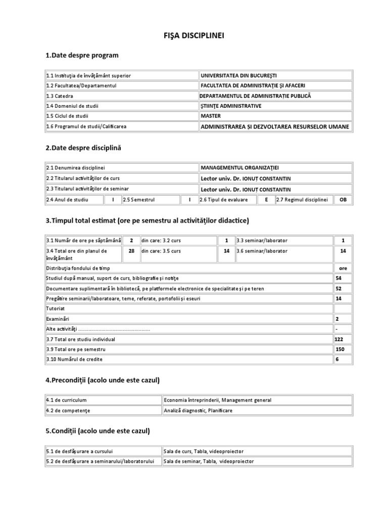 Fisa Disc Managementul Organizatiei - ADRU Sem I - 2021-2022 | PDF