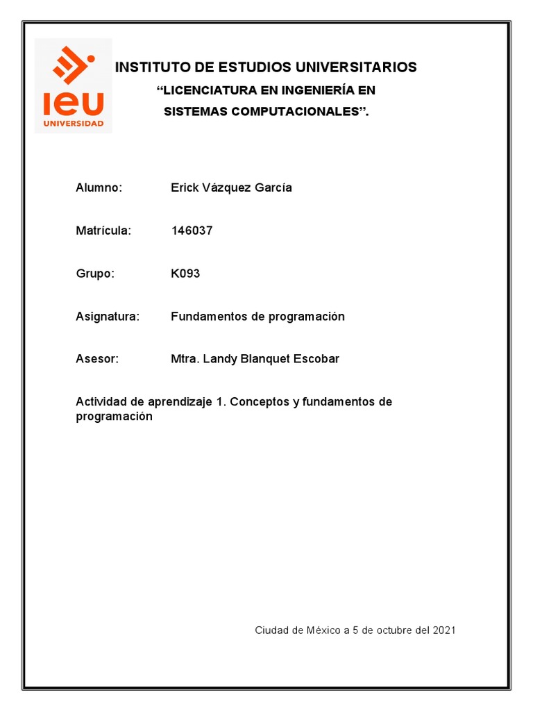 Erick - Vazquez - ACTIVIDAD 1 - Fundamentos de Programación | Descargar gratis PDF ...