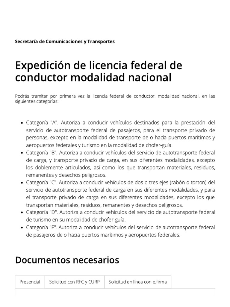Expedición de Licencia Federal de Conductor Modalidad - Gob - MX | PDF