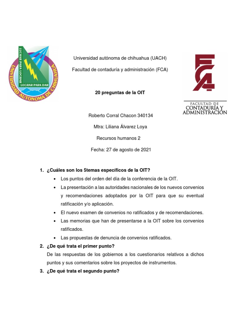 20 Preguntas de La OIT | PDF | Organización Internacional del Trabajo ...