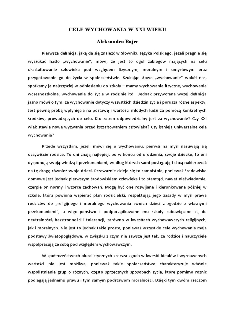 Cele Wychowania ESEJ | PDF