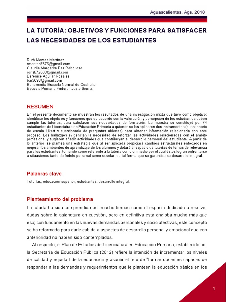 La Tutoría: Objetivos Y Funciones para Satisfacer Las Necesidades de ...