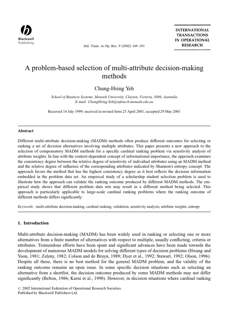 A Problem-Based Selection of Multi-Attribute Decision-Making Methods | PDF | Sensitivity ...