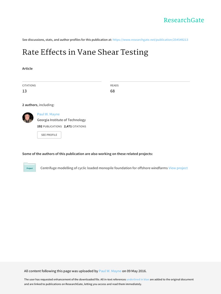 2007 - Rate Effects in Vane Shear Testing | PDF | Strength Of Materials ...