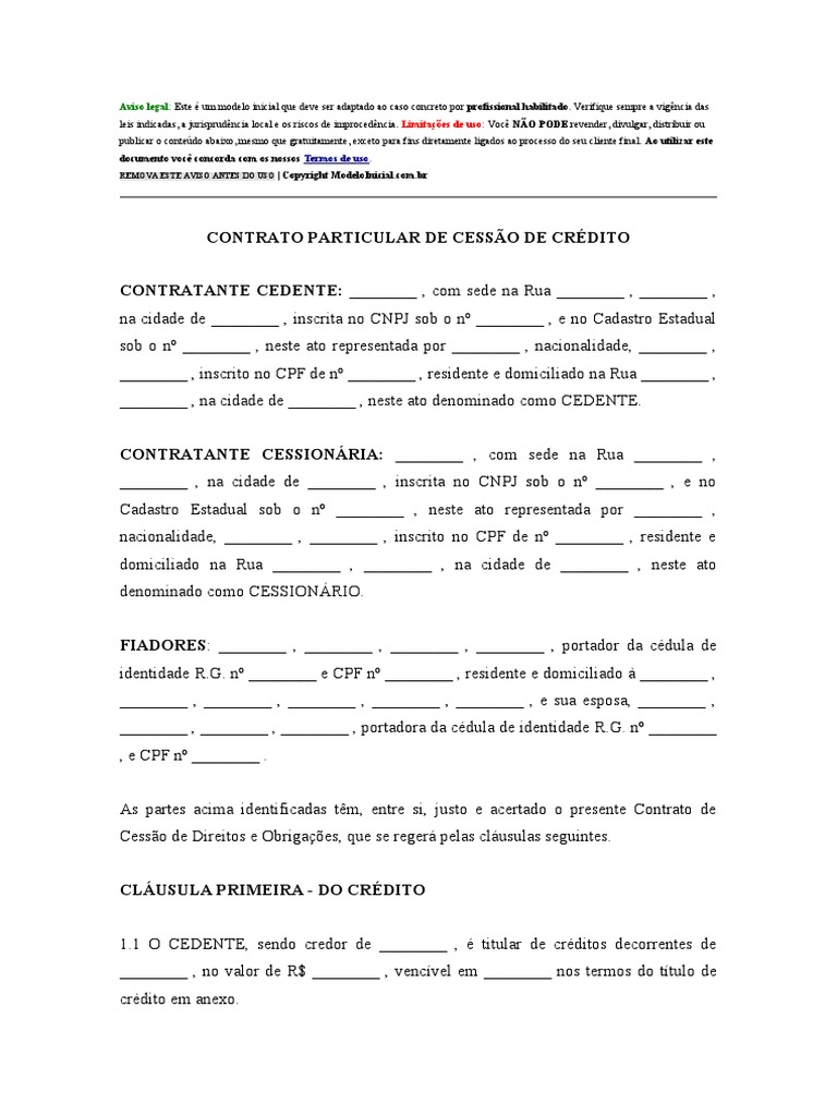 Termo De Cessão De Crédito Download Grátis Pdf Crédito Finanças E