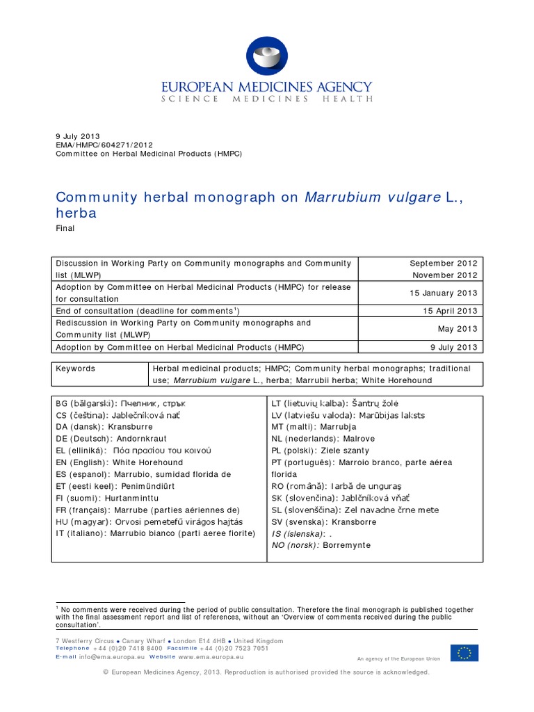 Final Community Herbal Monograph Marrubium Vulgare L Herba First ...