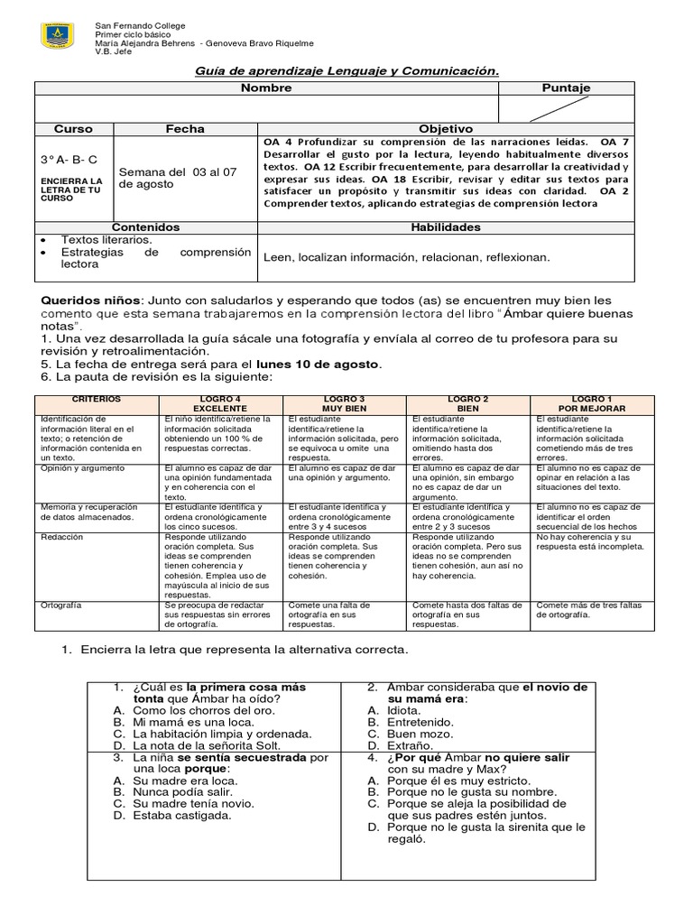 3°abc Guía #17 Ámbar Quiere Buenas Notas | PDF | Comprensión lectora