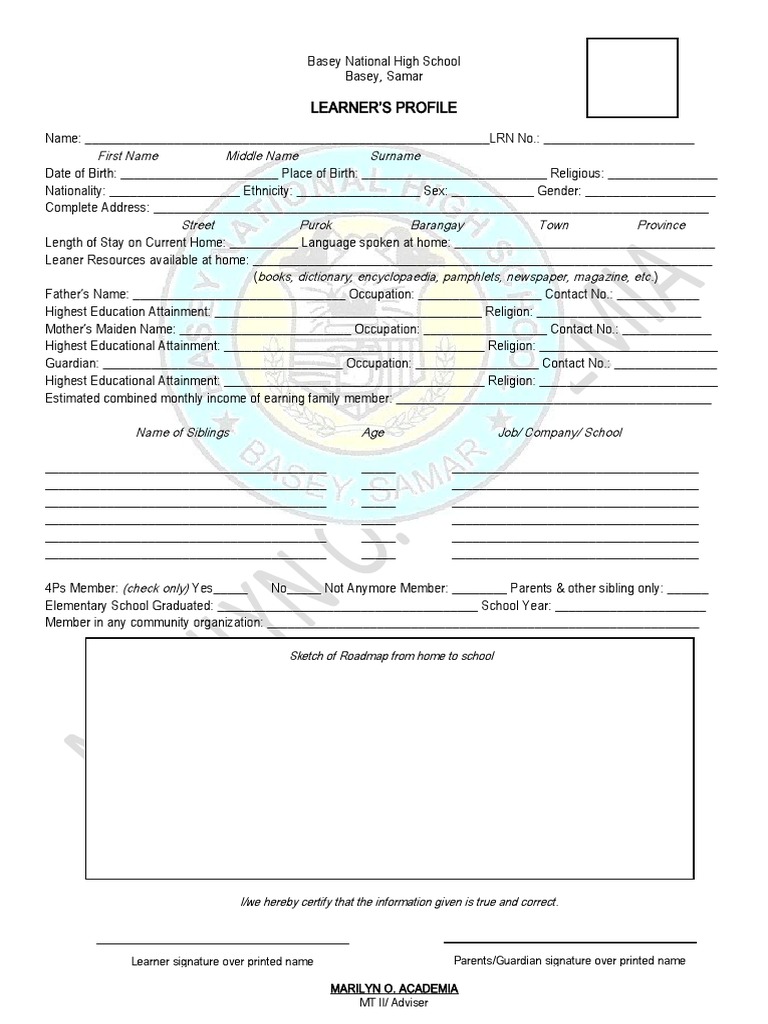 Learner's Profile Form Template | PDF | Wellness