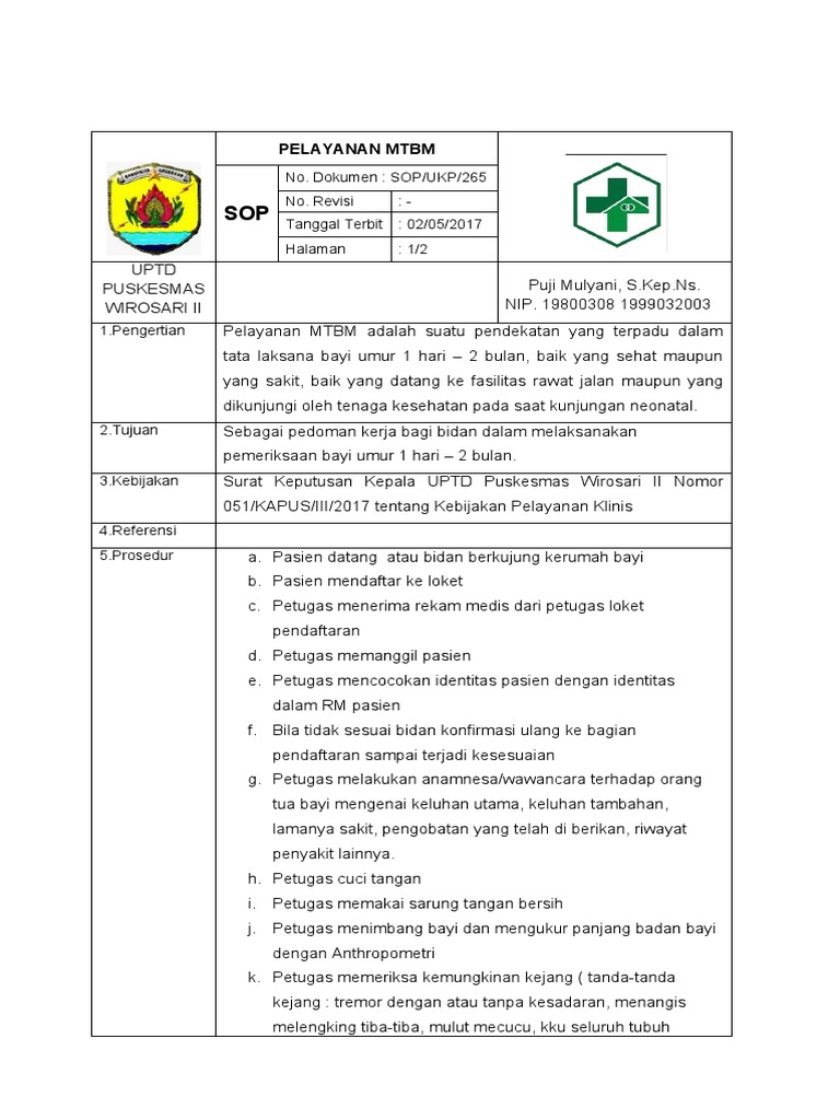 SOP PELAYANAN MTBM Bayi 1 H1ri - 2 Bulan | PDF