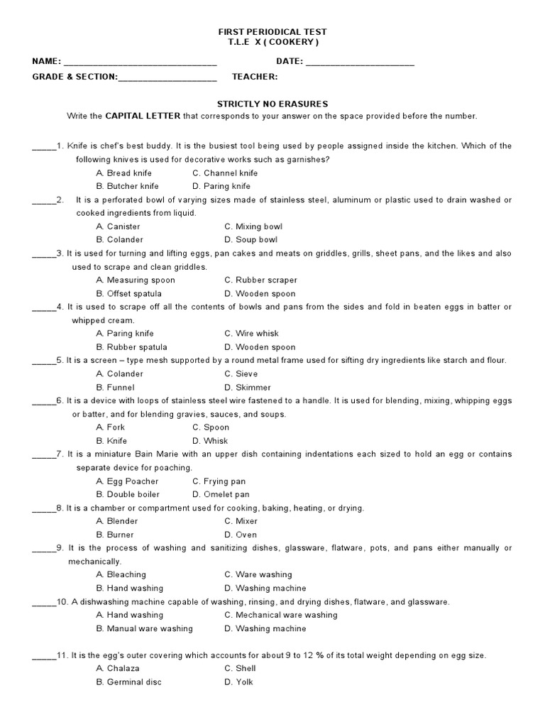 Grade 10 Cookery Test Questions | PDF