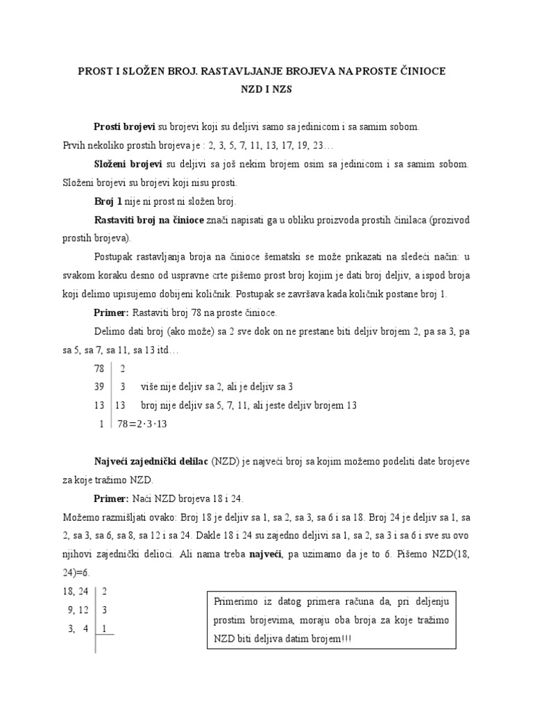 Prosti I Složeni Brojevi. Rastavljanje Brojeva Na Činioce. NZD I NZS | PDF
