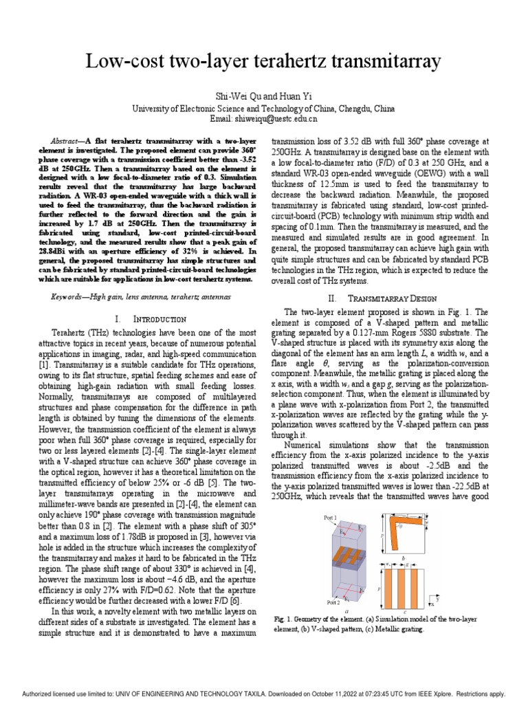 Low-Cost Two-Layer Terahertz Transmitarray | PDF | Terahertz Radiation | Antenna (Radio)